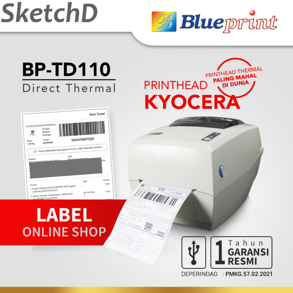 Jual Printer Label Barcode Sticker Resi Kiriman Harga Blueprint TD110 ...
