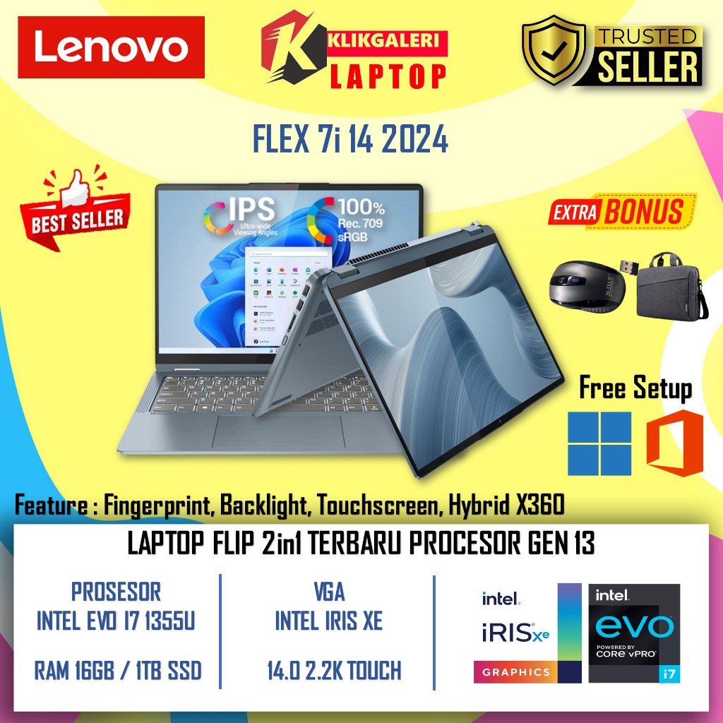 Jual Laptop Flip 2in1 Lenovo Ideapad Flex 7 14 Core i7 1355U Ram 16GB ...