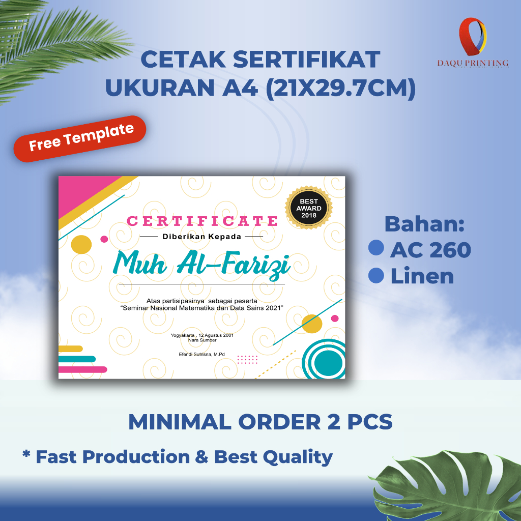 Jual Cetak/ Print Sertifikat/ Piagam Penghargaan Ukuran A4 | Shopee ...