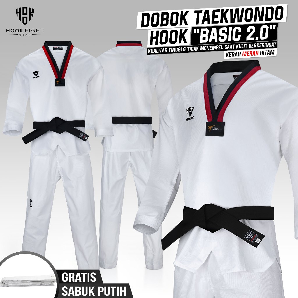 Jual Seragam Taekwondo Hook Basic Baju Taekwondo Pemula Dobok Baju Taekwondo Kerah Merah Hitam ...