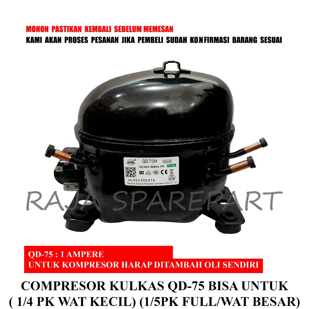 Jual KOMPRESOR / COMPRESOR KULKAS QD75 1/4PK BISA UNTUK ( 1/4PK WAT ...