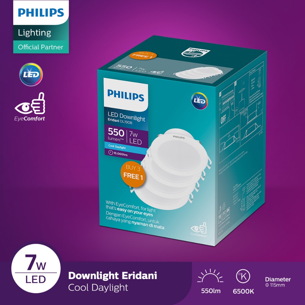 Jual Lampu Philips Downlight Multipack Eridani LED6 D100 7W 65K Putih ...