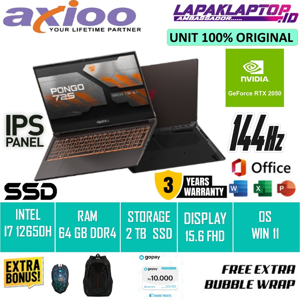 Jual LAPTOP AXIOO PONGO 725 INTEL I7 12650H 64GB 1TB SSD RTX2050-4GB 15 ...