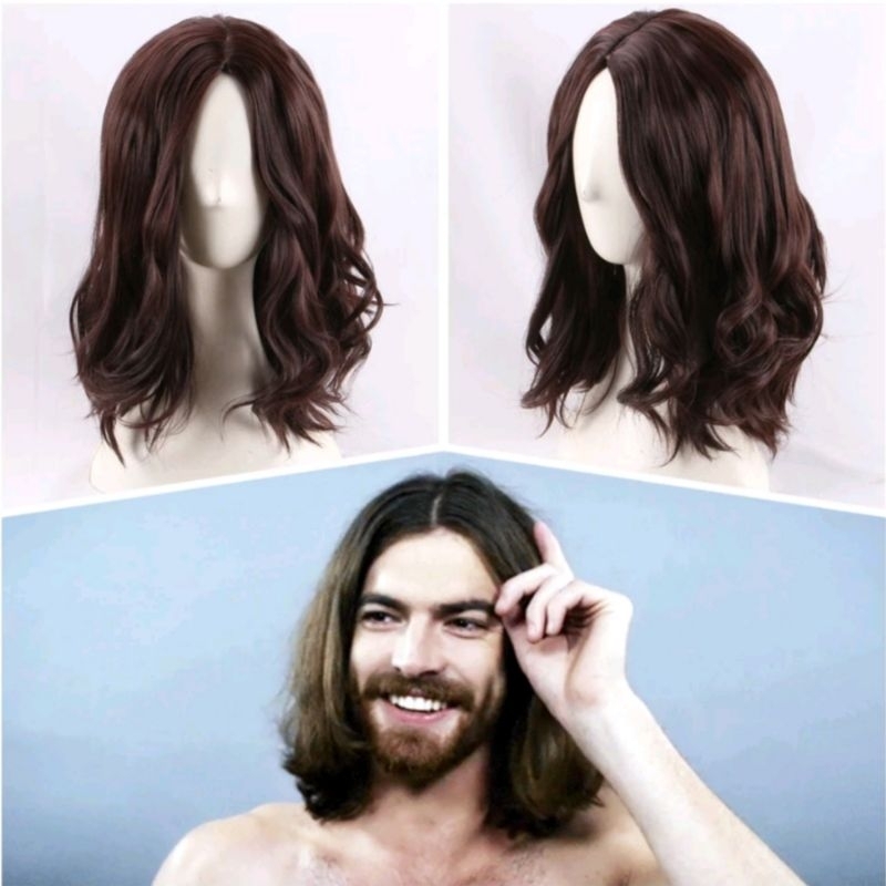 Jual Wig Pria Rambut Panjang Bergelombang Belahan Tengah Gaya Pria ...