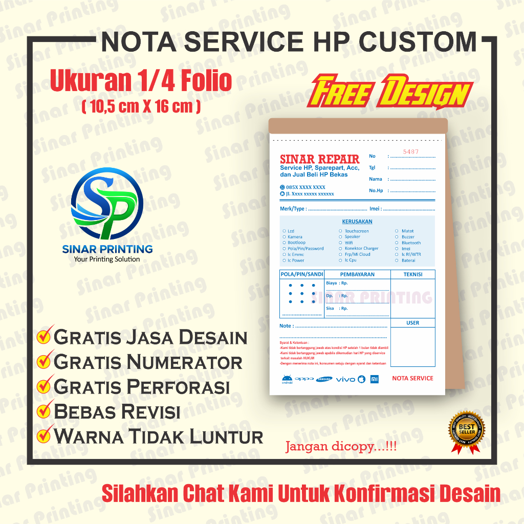 Jual Nota Service HP Custom isi 100 lembar | 1 Rangkap / 2 Rangkap Free ...