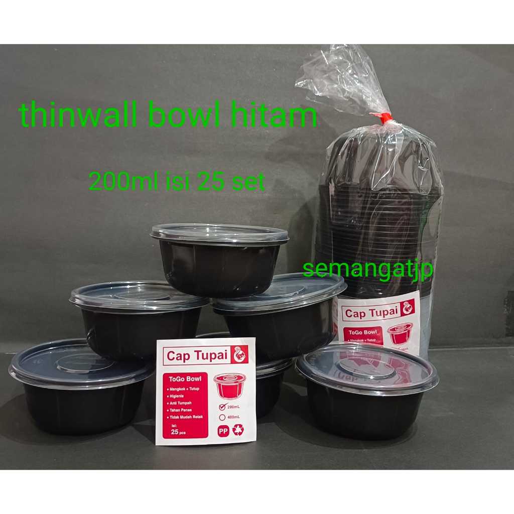 Jual thinwall bowl hitam +tutup uk 200ml , 400ml isi 25set | Shopee ...