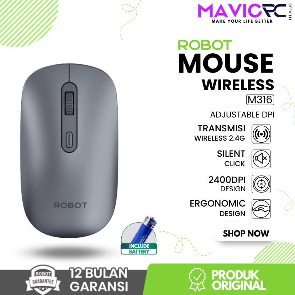 Jual ROBOT M316 Wireless Mouse Silent Click Optical 2.4Ghz 2400DPI USB ...