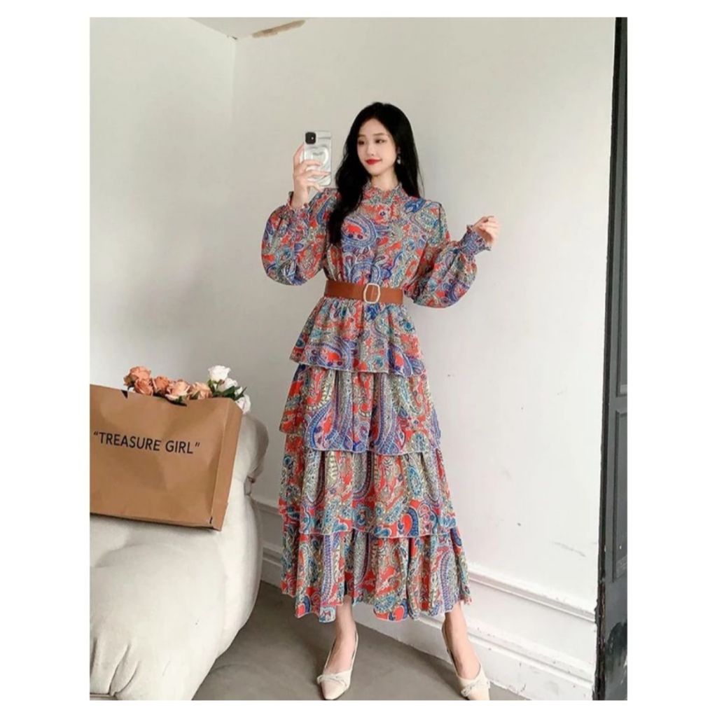 Jual [ALESHA]maxi dress free belt hijab friendly motif bunga lengan ...