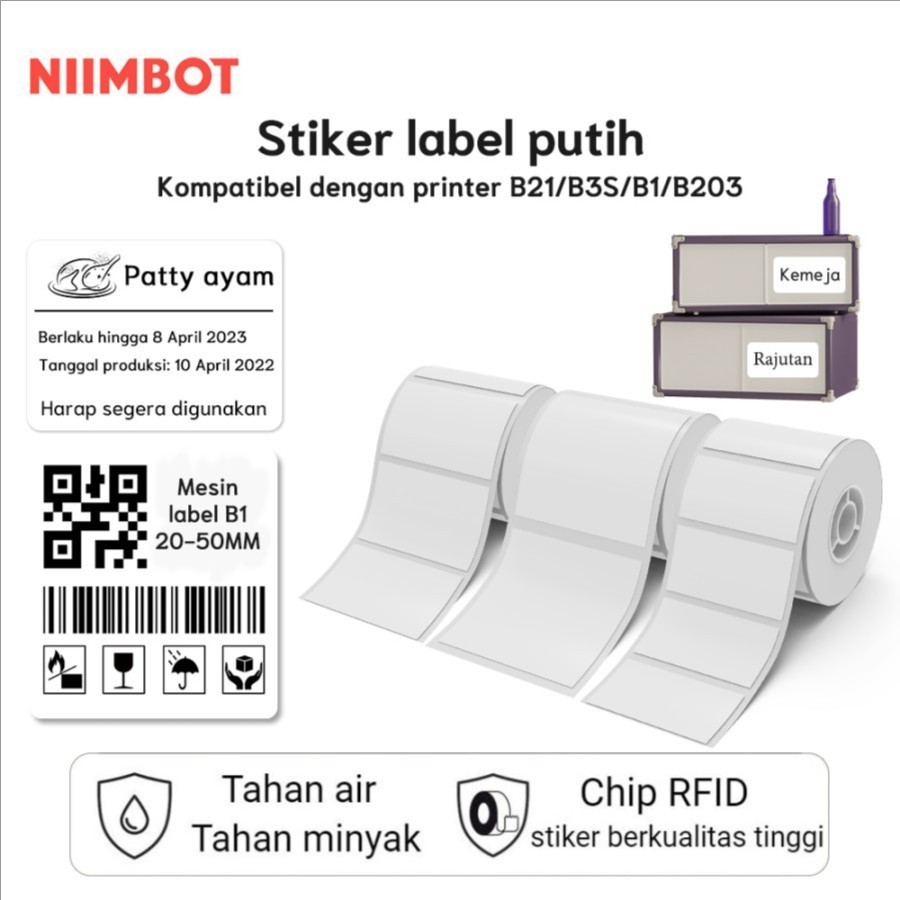 Jual NIIMBOT B21 B1 B203 B3S LABEL PUTIH STICKER THERMAL TAHAN AIR MINYAK | Shopee Indonesia