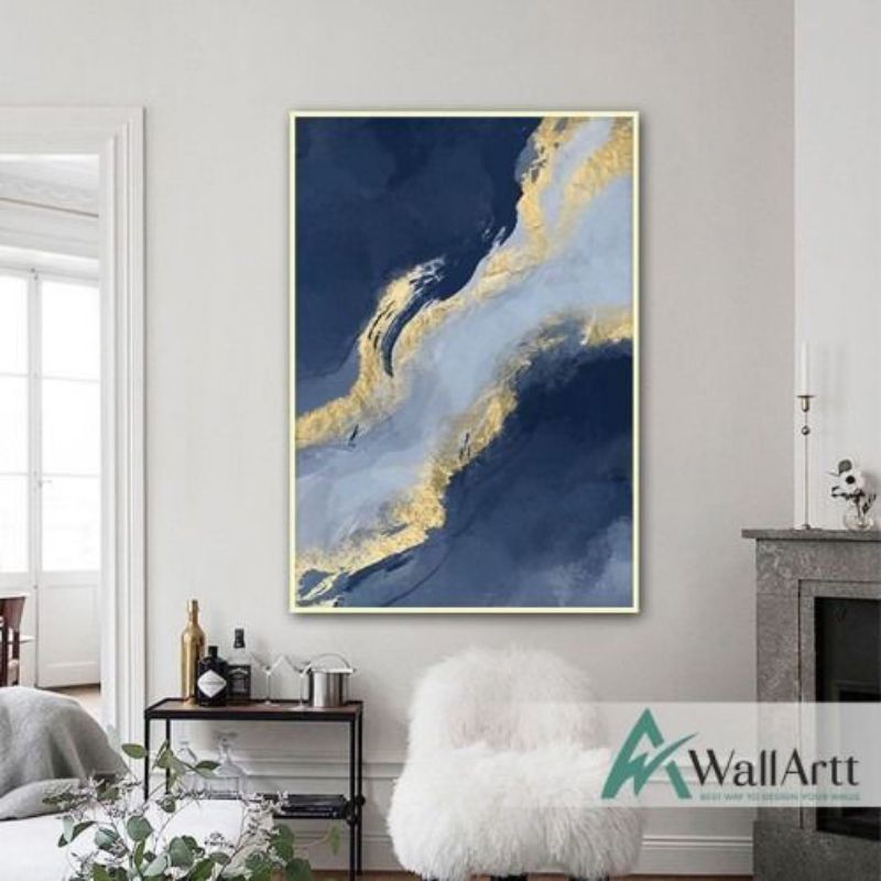 Jual Hiasan Lukisan Abstrak Laut Biru Gold Emas Mewah Texture Dinding ...