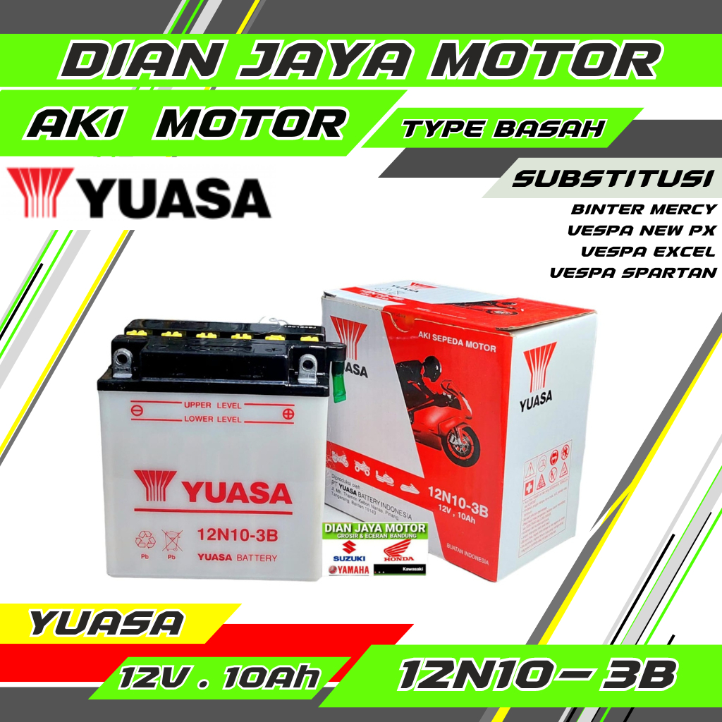 Jual (Yuasa GS) 12N10-3B Aki Basah Binter Mercy Vespa PX Aki Motor Roda Tiga Viar Tossa Jialing ...