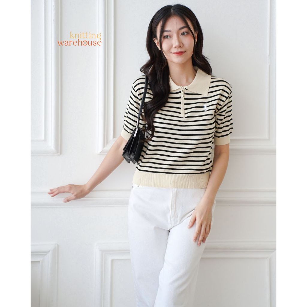 Jual Dalila Top Polo Stripes Knit - Atasan Kaos Kemeja Rajut Wanita - TM (A629) | Shopee Indonesia