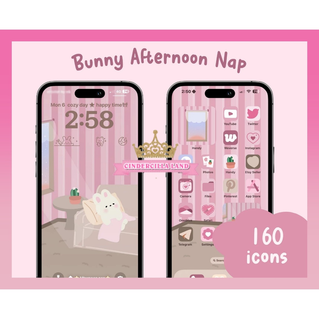 Jual CINDERCILLA LAND IOS ANDROID ICONS / Bunny Afternoon Nap icon set, Hand drawn icons, ios ...