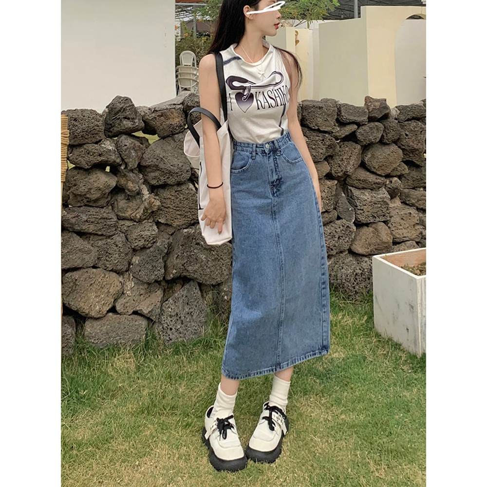 Jual COD Korean Wanita Rok Denim Highwaist Loose Rok Biru Rok Jeans ...