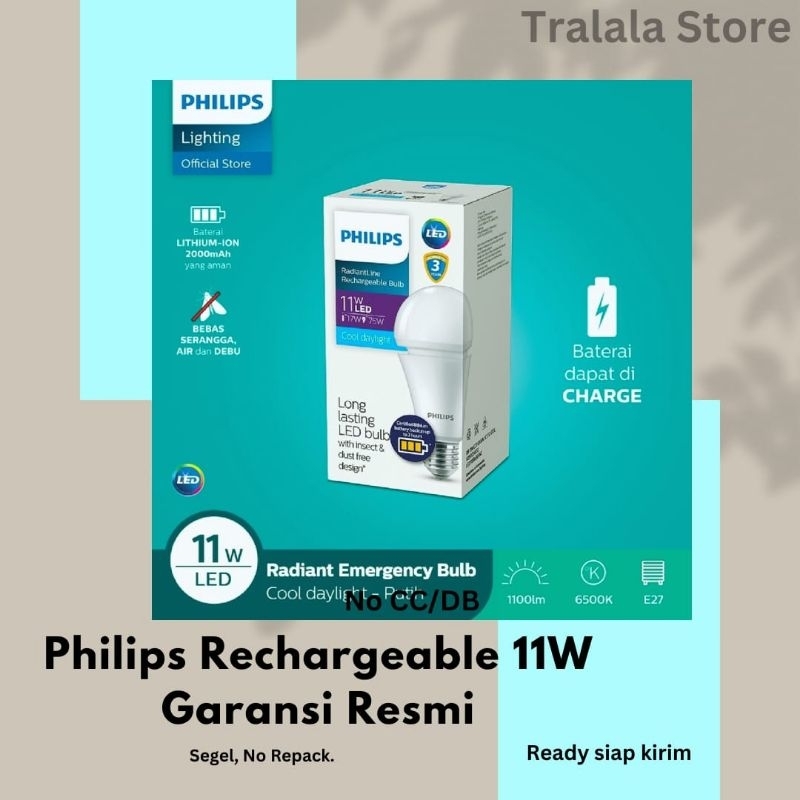 Jual Philips LED Rechargeable 11watt 6500K Putih Emergency Bulb 11w 11 ...