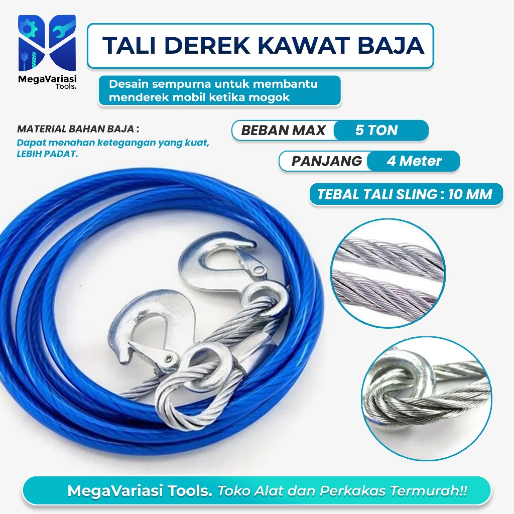 Jual Tali Derek Mobil Kawat Baja 4 Meter Sling Baja 5 Ton Tali Penarik ...