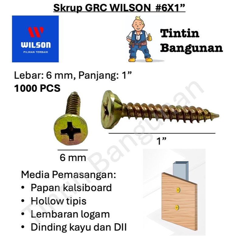 Jual Skrup GRC 6x1” (6x1 inch) WILSON Sekrup GRC Kalsiboard Kalsi Board Calciboard Screw Baut ...