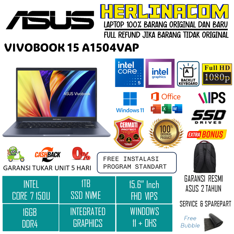 Jual LAPTOP ASUS VIVOBOOK 15 A1504VAP INTEL CORE 7 150U RAM 16GB 1TB ...