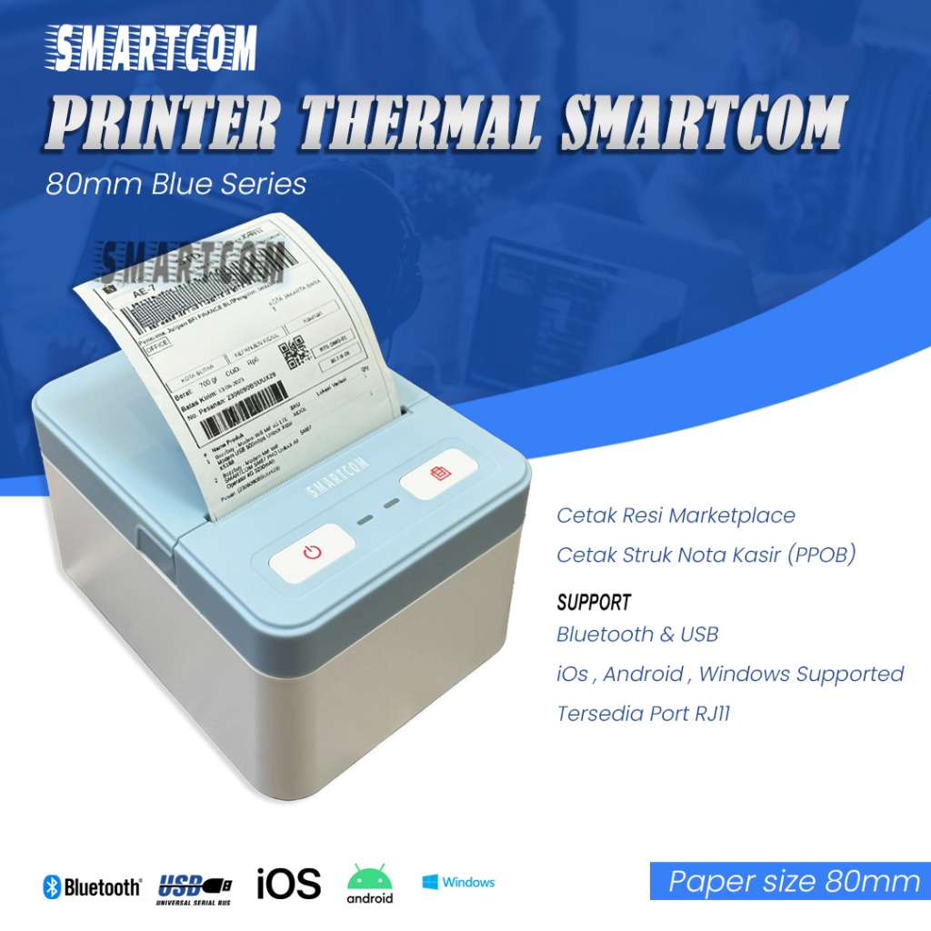 Jual SMARTCOM - 80mm Printer Bluetooth + USB Thermal Blue Color Kertas 80mm Cetak PPOB POS Kasir ...
