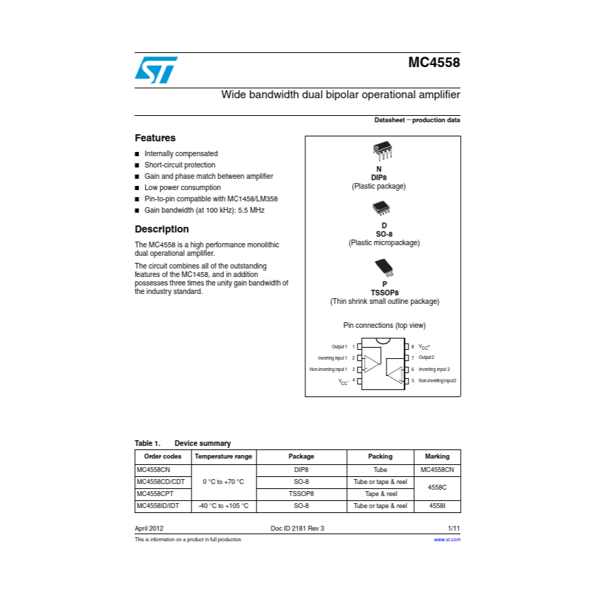 Jual C4558 MC4558 Wide bandwidth dual bipolar operational amplifier ...