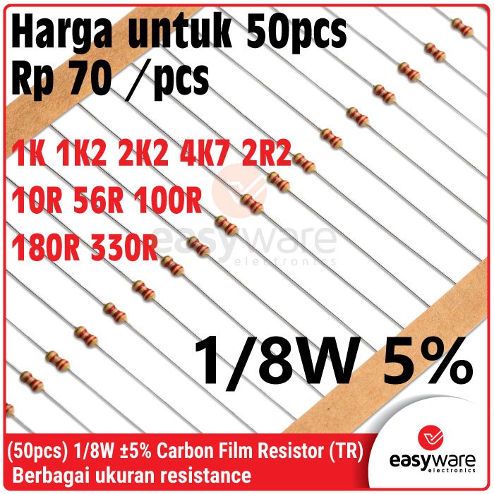 Jual 50x Carbon Film Resistor 1/8W 5% 2R2 10R 56R 100R 180R 330R 1K 1K2 ...
