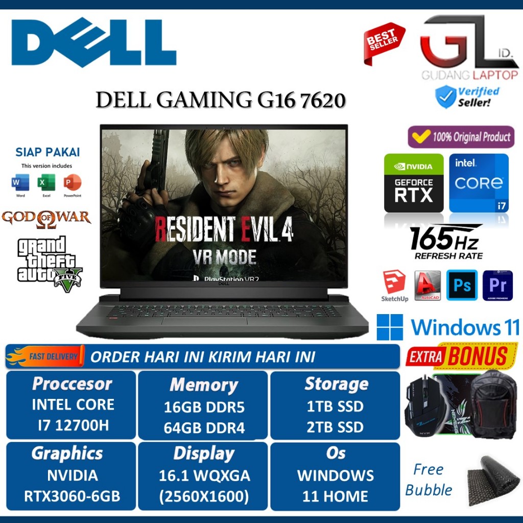 Jual Laptop Dell Gaming G16 7620 Intel i7 12700H 32GB RAM 2TB SSD 16.1 WQXGA RTX3060-6GB W11 ...