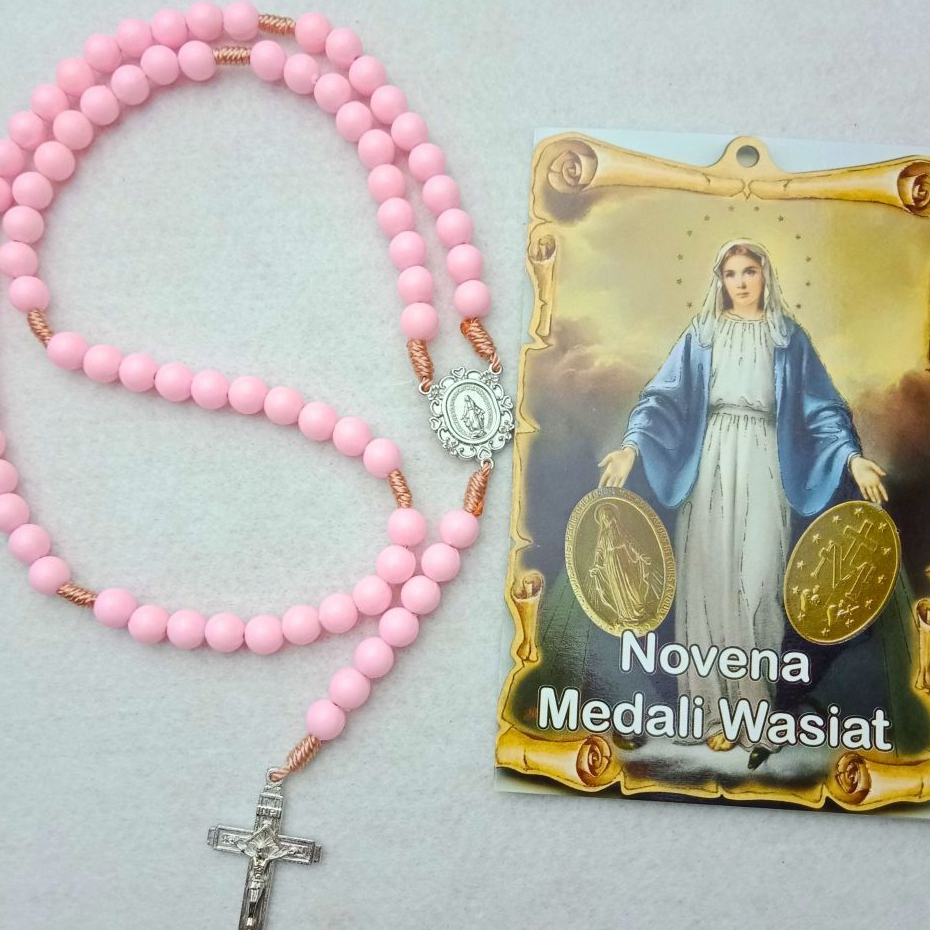 Jual Bundle: kalung rosario 77 bapa kami parel susu pink + lembaran doa novena medali wasiat ...