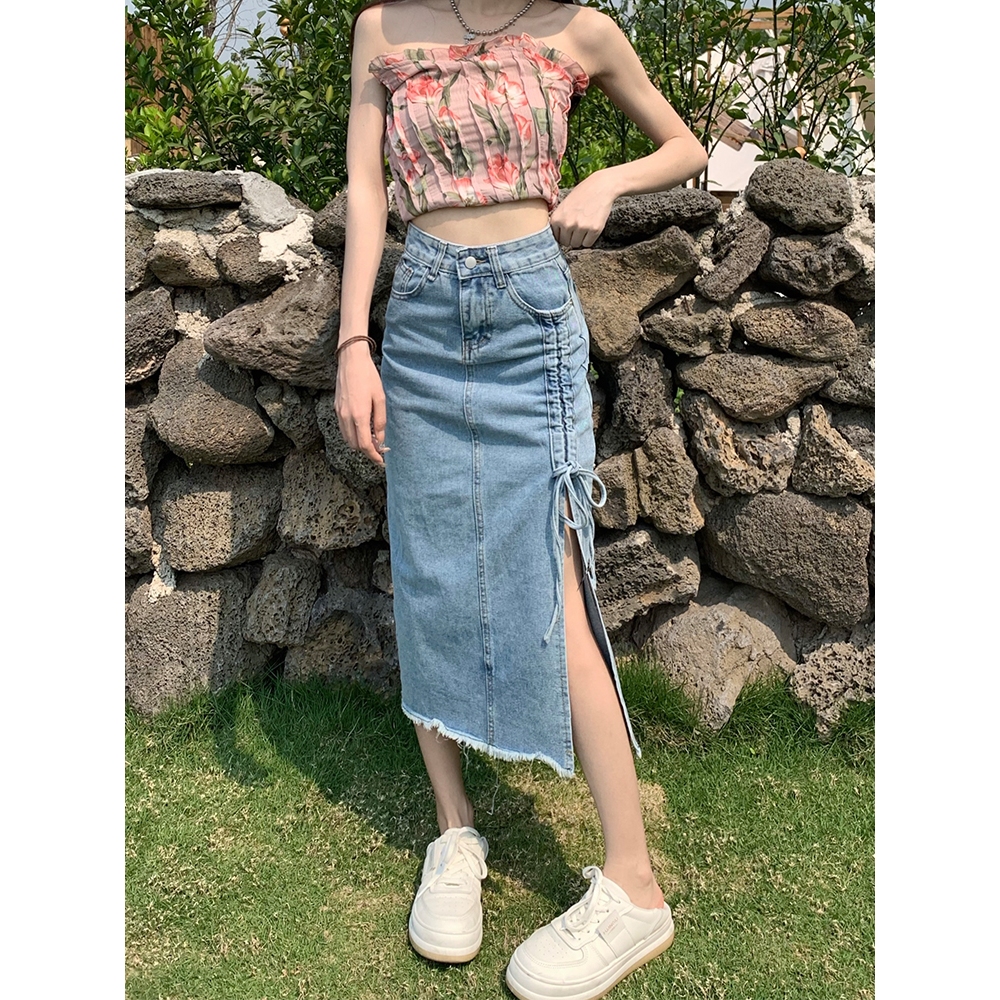 Jual Korean Street Style Rok Jeans Split Rok midi A-line Highwaist ...