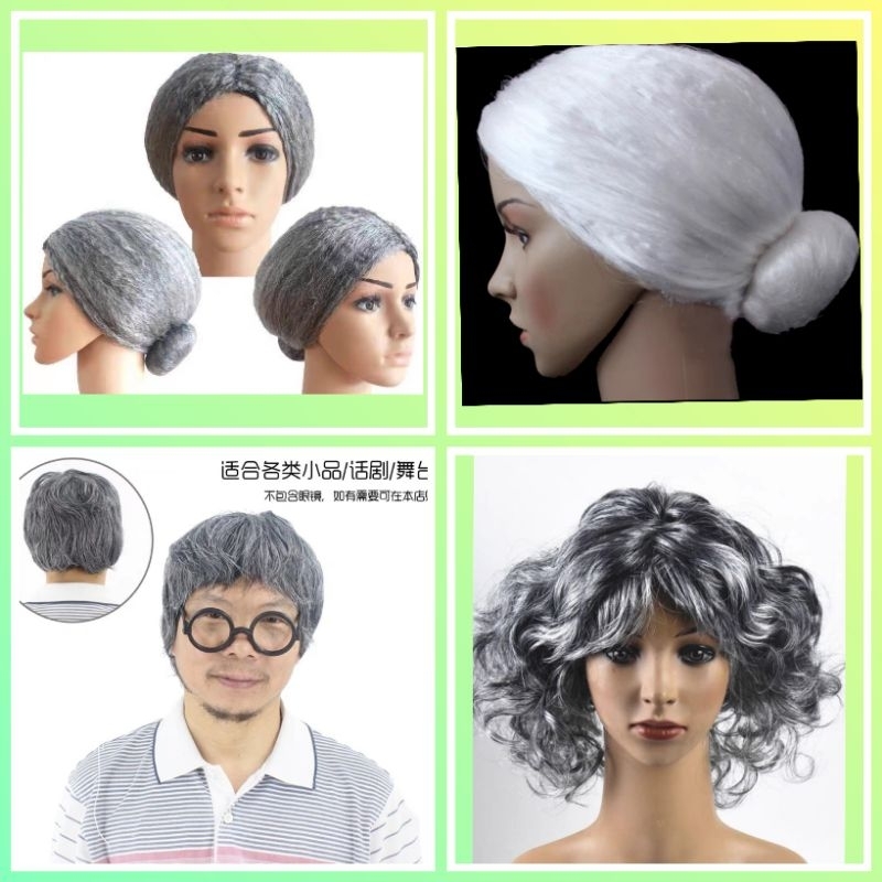 Jual Wig rambut palsu putih abu uban kakek sanggul nenek tua lansia ...