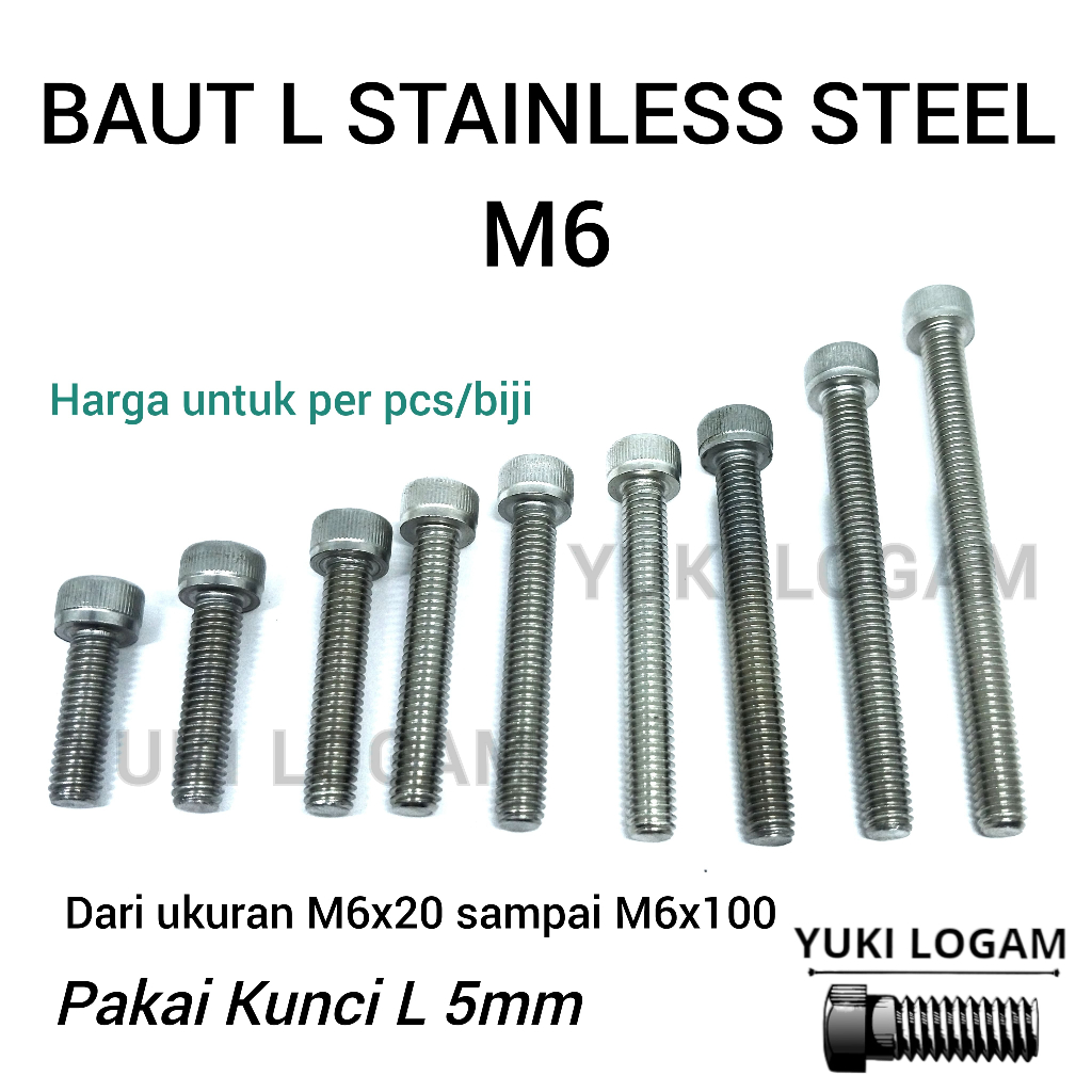 Jual Baut L M6 Stainless steel ukuran M6x20 sampai M6x100 harga per pcs | Shopee Indonesia