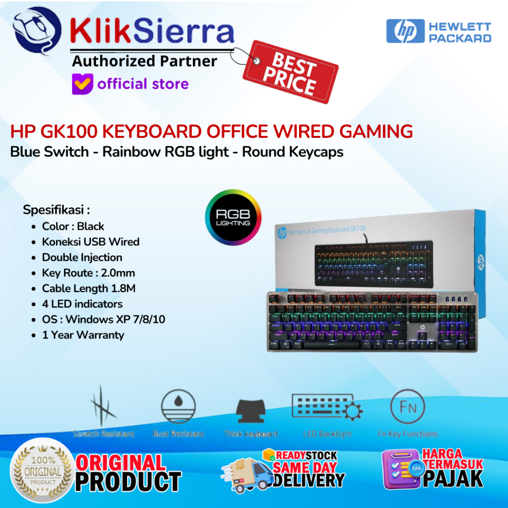 Jual HP GK100 Keyboard Gaming Mechanical Blue Switch, Rainbow RGB light ...