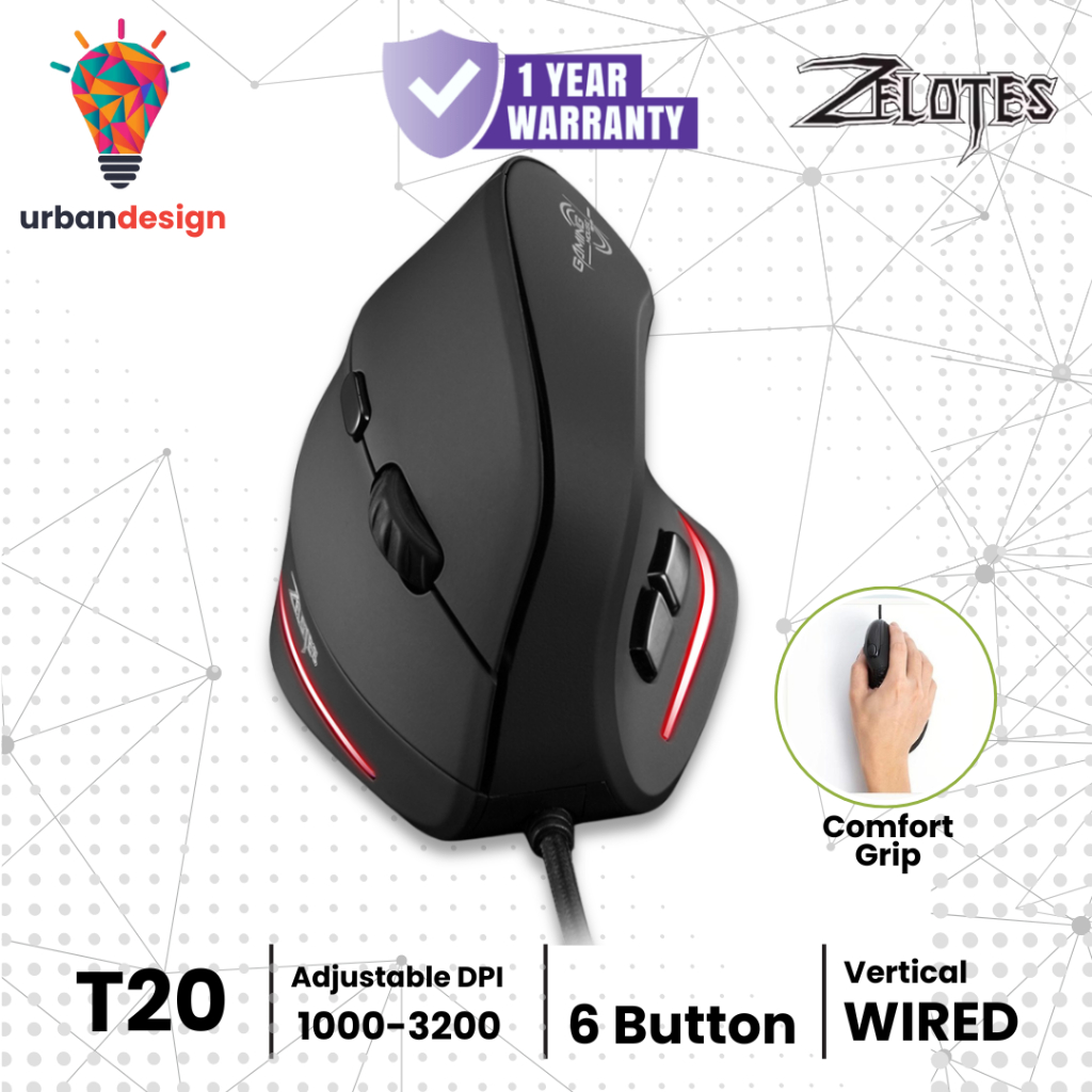 Jual Zelotes T20 USB Wired Vertical Ergonomic Gaming Mouse | 4 DPI ...