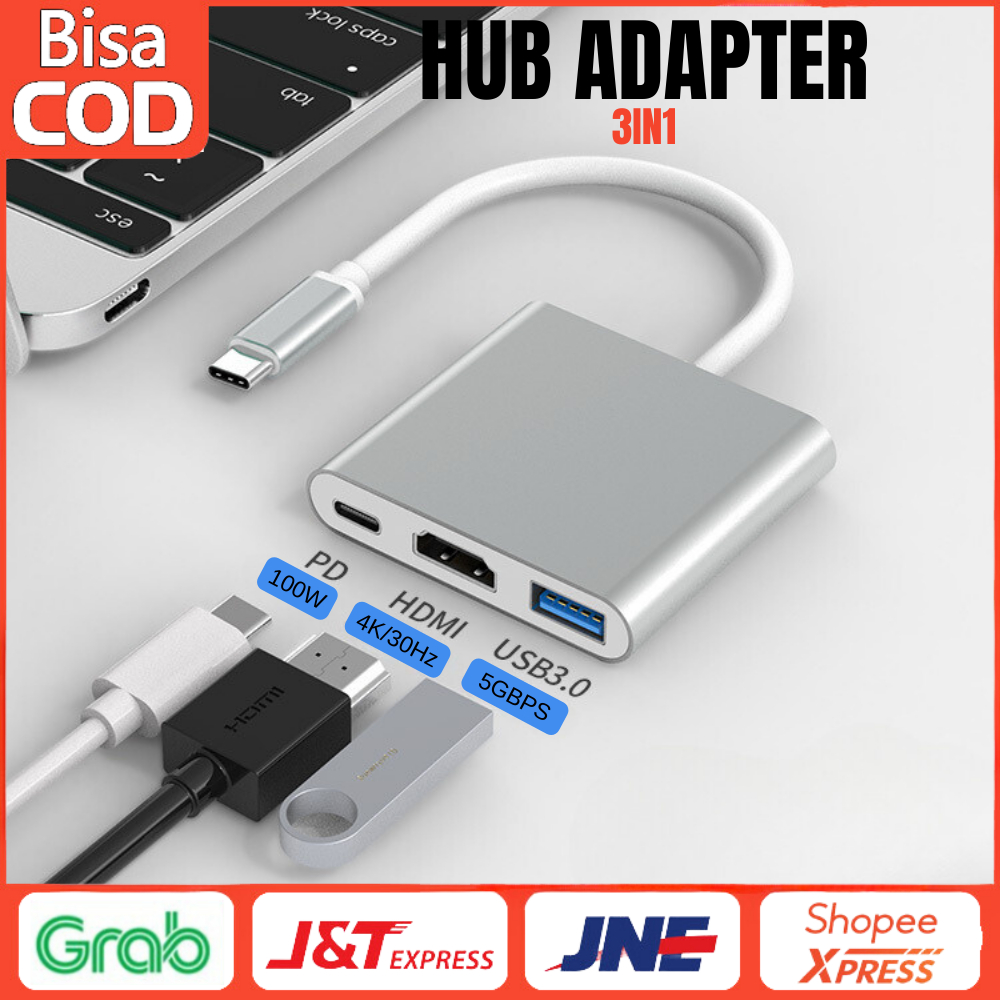 Jual Converter Konektor USB/Type-C/HDMI 3in1 TypeC To HDMI 4K-TypeC-USB 3.0 Adapter Cable For ...