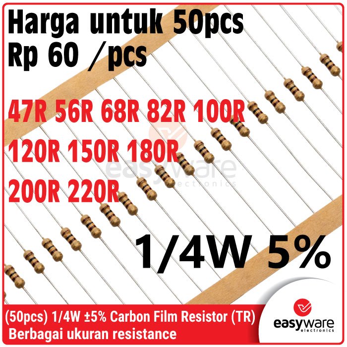 Jual 50x Carbon Film Resistor 1/4W 5% 0.25W 47R 56R 68R 82R 100R 120R 150R 180R 200R 220R 220 ...