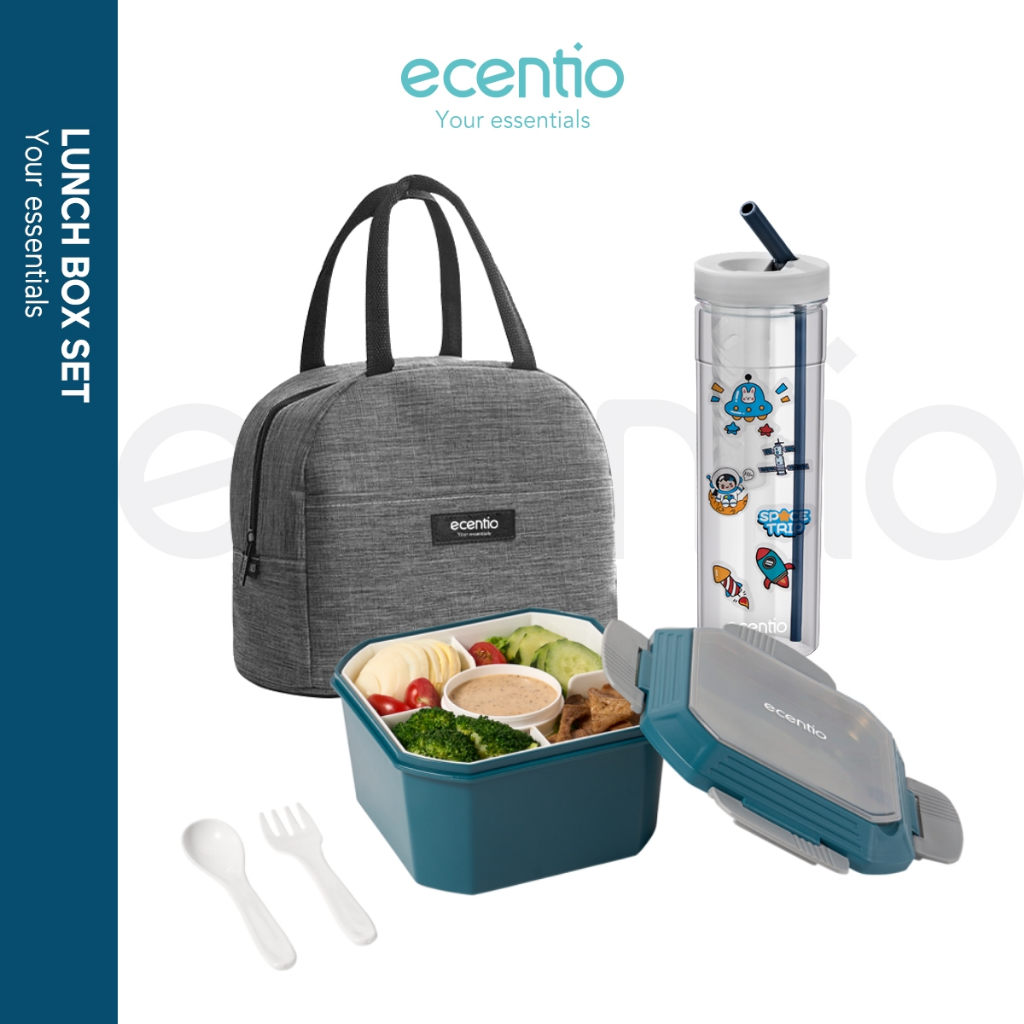 Jual ecentio lunch box set 1400ml dan botol minum tas bekal tempat makan | Shopee Indonesia
