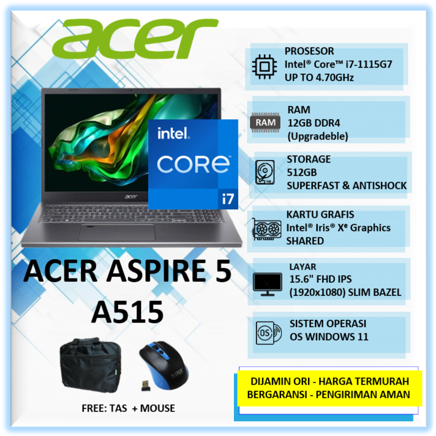 Jual Laptop Gaming Coding Acer Aspire 5 Slim A515 Intel Core i5 1135G7 12GB 512GB Win11 | Shopee ...