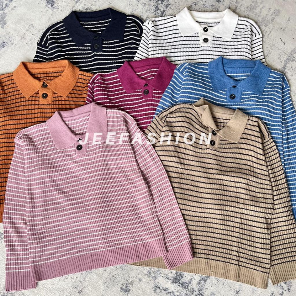 Jual Blouse Crop Top Polo Rajut Ruby Stripe Knit/ Baju Atasan Wanita ...