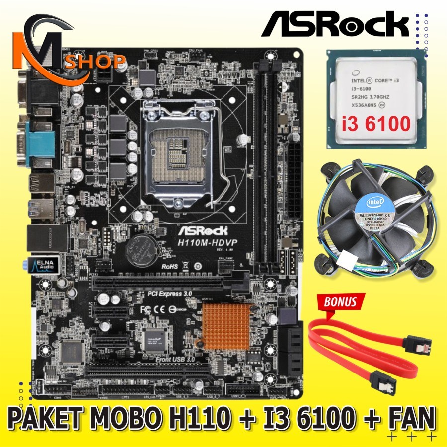 Jual Paket Motherboard Mobo Mainboard H110 LGA 1151 DDR4 + Processor Core i3 6100 + Fan | Shopee ...