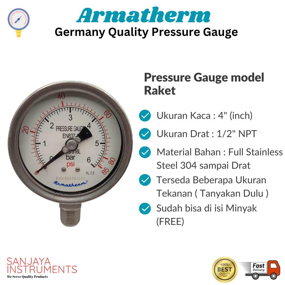 Jual ARMATHERM Pressure Gauge 4" inch 6 - 1000 Bar Drat 1/2 Raket / Manometer Full Stainless ...
