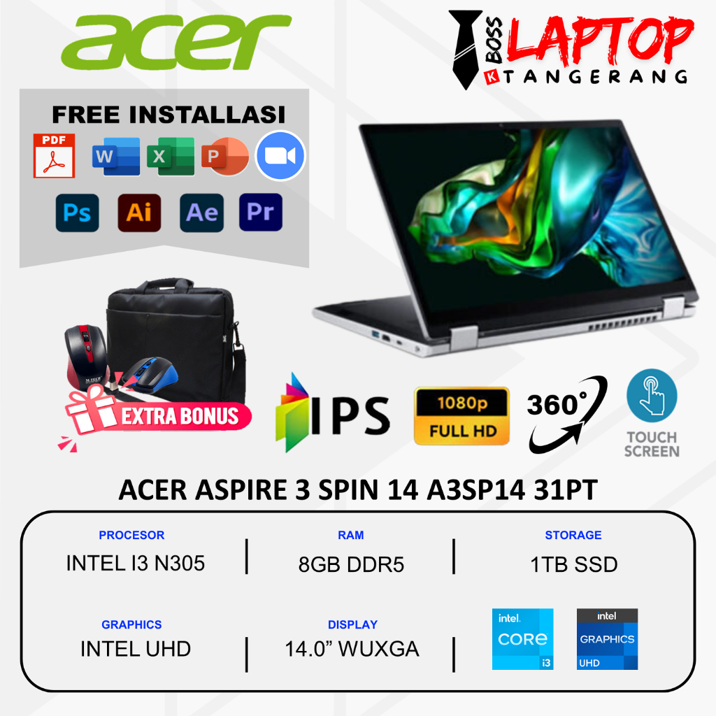 Jual Laptop Touchscreen Acer Aspire 3 Spin intel i3 N350 8GB 1TB SSD 14 ...