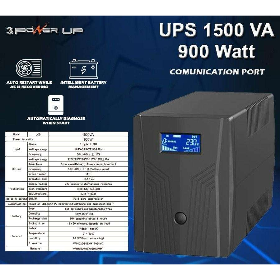 Jual Power Supply UPS 1500VA 3 Power Up LCD AVR Stabilizer + Port USB ...