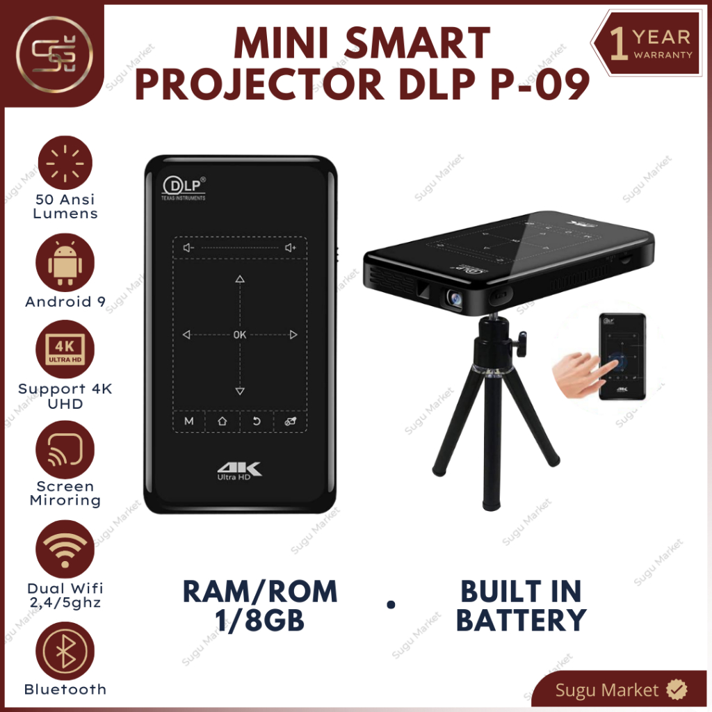 Jual Projector DLP P09-II Mini DLP Proyektor 4K HD 50ANSI Lumens 1GB / 8GB Proyektor Android ...