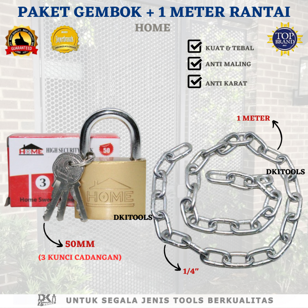 Jual HOME Paket Gembok 50MM + Rantai 1 Meter Kuat Anti Karat & Tebal (1 ...