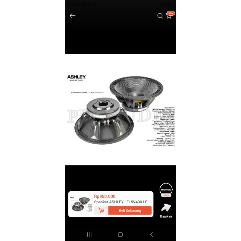 Jual Speaker ASHLEY LF15V400 LF15 V400 LF 15V400 15 Inch 1800 WATT Coil ...