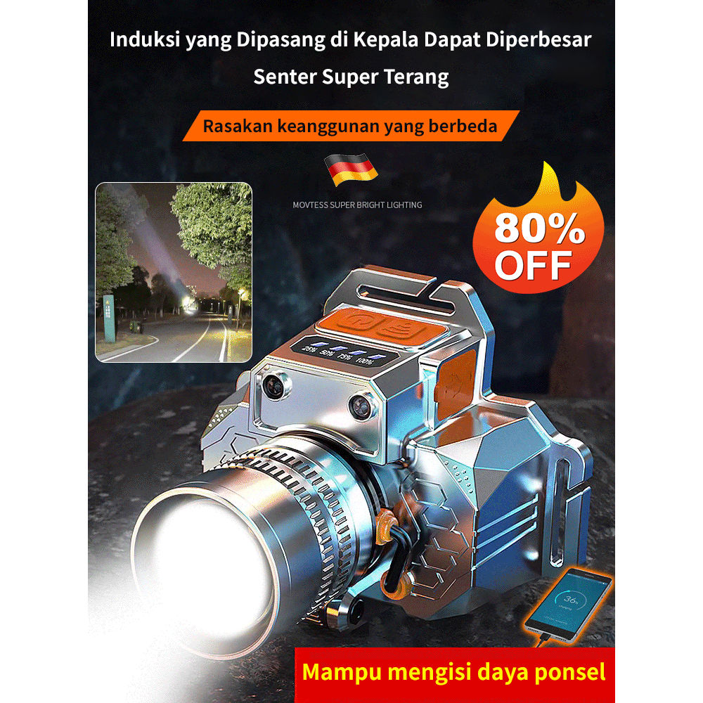 Jual [3 Gigi, Baterai litium 18650]100W Senter kepala dapat digunakan selama 20 jam Lampu Depan ...