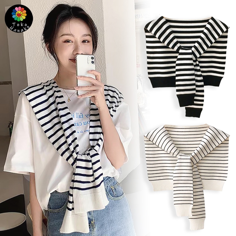 Jual Knit Shawl | Korean Fake Cardigan / Syal Bahu Stripe / Syal Rajut ...