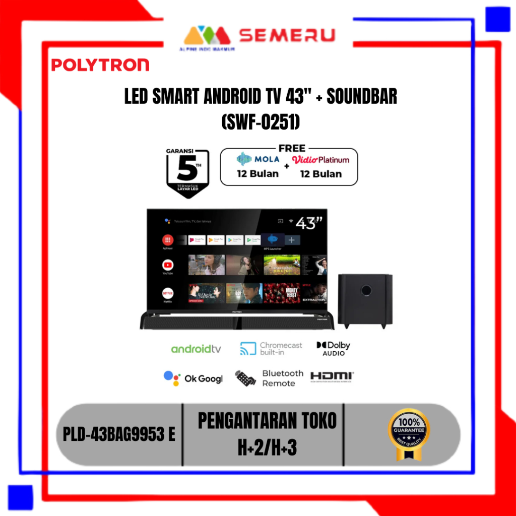 Jual POLYTRON LED SMART ANDROID TV 43" + SOUNDBAR (SWF-0251) PLD-43BAG5959 ( KHUSUS MAKASSAR ...