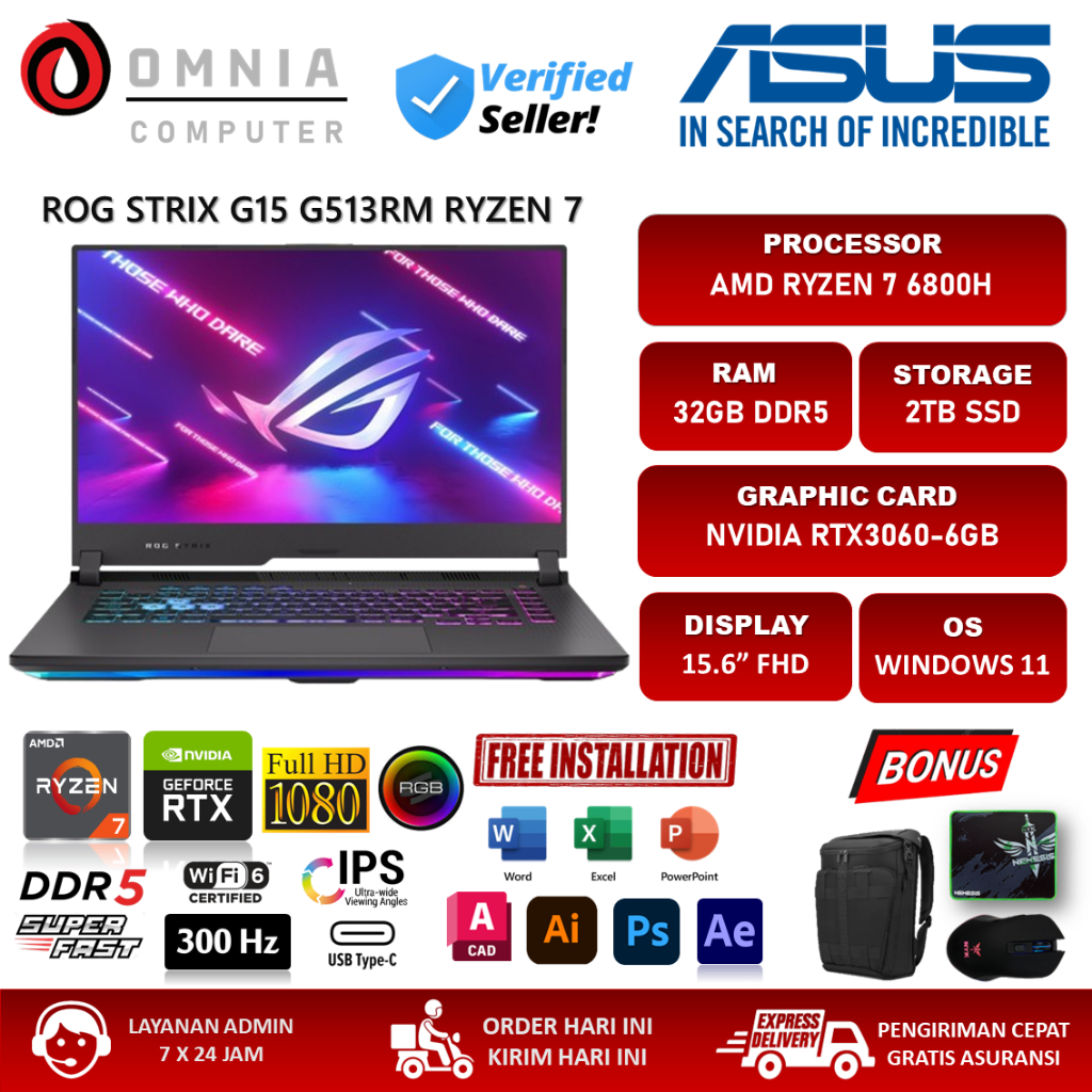 Jual LAPTOP GAMING ASUS ROG STRIX G15 G513RM RYZEN 7 6800H RAM 32GB ...