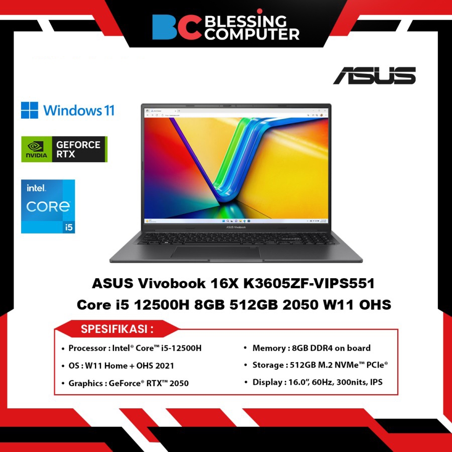 Jual ASUS Vivobook 16X K3605ZF VIPS551 Core i5 12500H 8GB 512GB 2050 W11 OHS | Shopee Indonesia