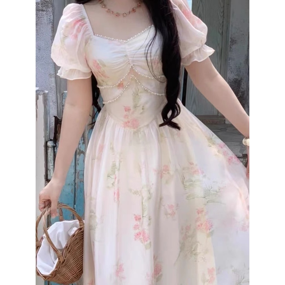 Jual Gaun Bunga Manis Prancis Musim Panas Untuk Wanita, Lengan Engah ...